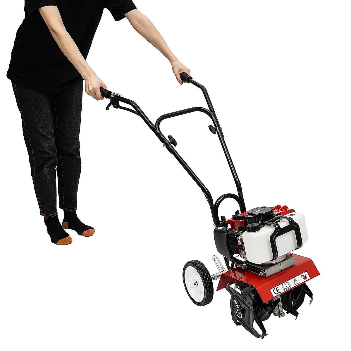 Tiller Cultivator, Powerful 52cc 2 Stroke Air-cooled Gas Engine, Gear Drive Transmission, Farm Yard Garden Tilling Tool, 6500 rpm, Red