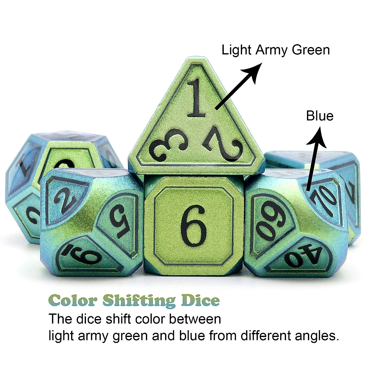 Haxtec Chameleon Metal DND Dice Set Color Changing D&D Polyhedral Dice for Dungeons and Dragons Gifts TTRPG-Light Army Green Blue Shift Black Numbers