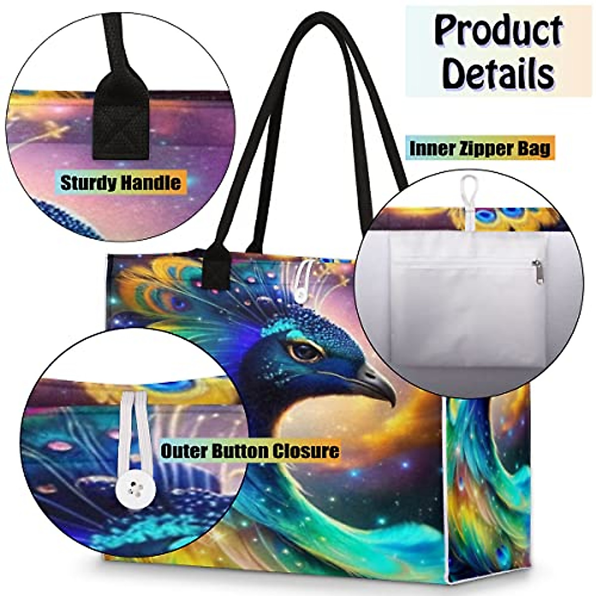 cfpolar Colorful Peacock Reusable Grocery Shopping Bag with Hard Bottom, HHQQQQ Large Foldable Multipurpose Heavy Duty Tote with Zipper Pockets, Sustainable, Durable and Eco Friendly, Beach Bag