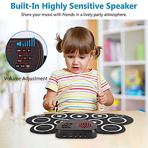 KOCASO Electric Drum Pad Foldable 10-Drum Silicon Drum Kit Dual-Pedal Foldable Electronic Drum Set Machine with Drum 2 Sticks Headphone Jack Speaker for Kids, Beginners