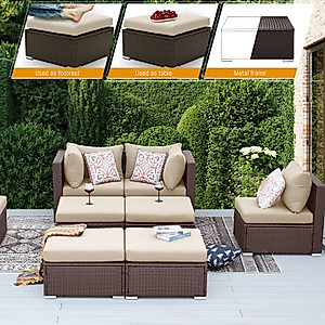 BULEXYARD High Back Brown PE Rattan Outdoor Patio Furniture Set with Propane Fire Pit Table, Large Wicker Outside Sectional Furniture Sofa Conversation Sets for Backyard(Beige, 7Pcs)