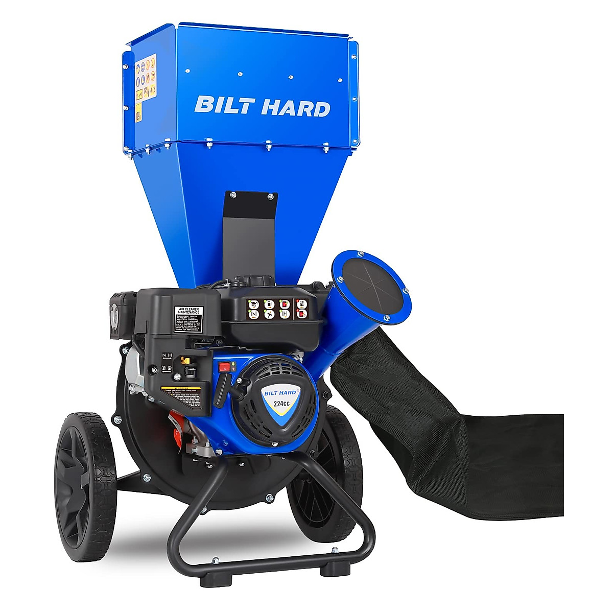 BILT HARD Wood Chipper - 7.5 HP 224cc Gas Powered Shredder Mulcher, 3 in 1 Multi-Function Heavy Duty, 3" Max Wood Diameter Capacity with Collection Bag