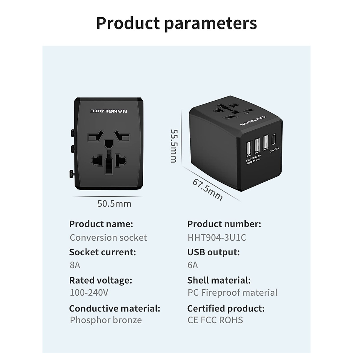 Universal Travel Adapter Worldwide International Plug Converter 30W 6A Pd 20W Type c QC3.0 USB 3A+1C All in One Multiple AC 8A sockets Outlet USA EU UK AUS FCC Listed