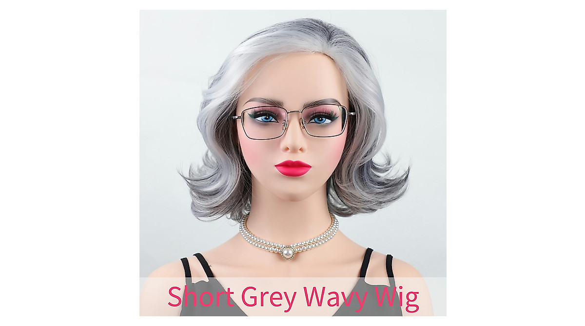 RENERSHOW Grey Wavy Bob Wig for Women - Natural Short Curly Synthetic Hair