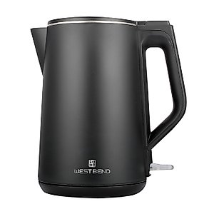 West Bend Electric Kettle Cordless Serving Features Stainless Steel Interior Boil Dry Protection and Auto Shut Off, 1.5-Liter, Black