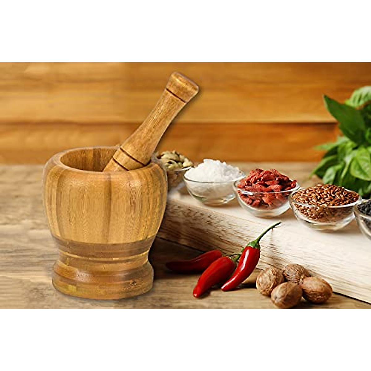 DecorRack Mortar and Pestle, 100% Natural Bamboo Spice Grinder, Decorative 4 inch Wooden Mortar and Pestle Set for Kitchen