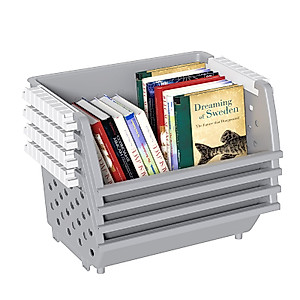 Wakikini Large Plastic Stackable Storage Baskets, Plastic Open Front Stacking Bins, Gray, 4 Packs