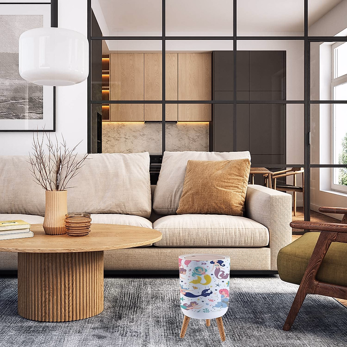 LOPYEIJFG Seamless Childish Cute Mermaids Creative Kids Texture for Fabric Trash Can with Lid Kitchen Bathroom Bedroom 1.8 Gallon Press Cover Wastebasket Office Wood Small Garbage Bin Waste Bin