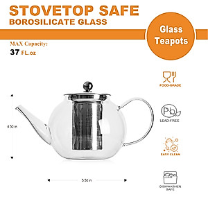 LUXU Glass Teapot with Stainless Steel Infuser & Lid,Stovetop Safe 1100ml/37 oz Clear Glass Tea Kettle with Comfortable Handle,Premium Blooming and Loose Leaf Tea Maker Set