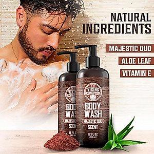 Viking Revolution Men's Body Wash - Majestic Oud Mens Body Wash - Mens Natural Body Wash for Men with Vitamin E and Rosemary Oil - Shower Gel Body Wash Men (12 Fl Oz, Pack of 2)