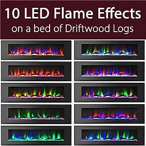 Cambridge 72 Inch Wall Mount Electric Fireplace Heater with Remote Control, Multicolor Flames, and Driftwood Log Display for Indoor Use in Living Room, Bedroom, Home Office, Black