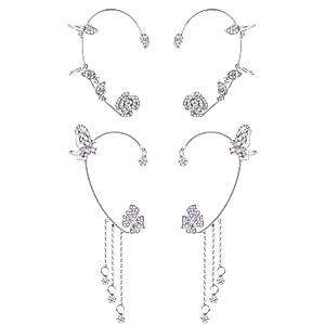 LOREMOW 2 Pair Butterfly Clip on Earrings Ear Flower Clip Earrings for Women Dangle Non Pierced Earring Cuff Wrap Earrings Set Silver 17