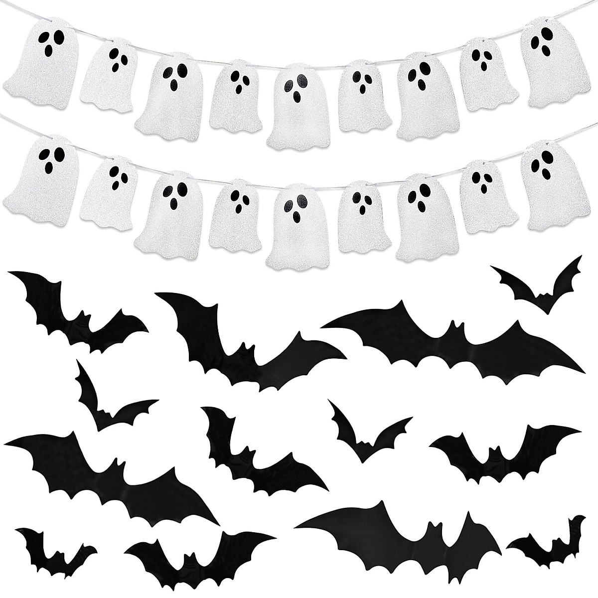 2pack Glittery Halloween Ghost Banner with 24pcs 3D Scary Bat Stickers for Halloween Decoration Haunted Houses Doorways Indoor Outdoor Mantel Wall Decor