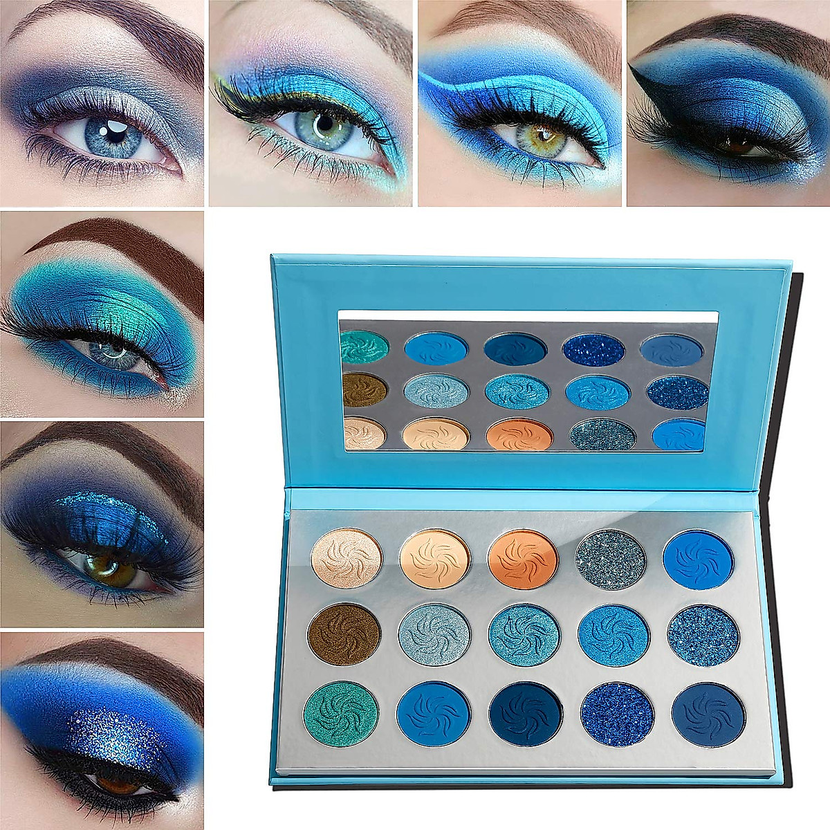 Afflano Blue Eyeshadow Palette Matte Shimmer, Highly Pigmented Waterproof Space Blue Eye Shadow Palette, Navy Silver Blue Glitter Eyeshadow Pallet for Christmas Snowflake Blue Eyes Makeup