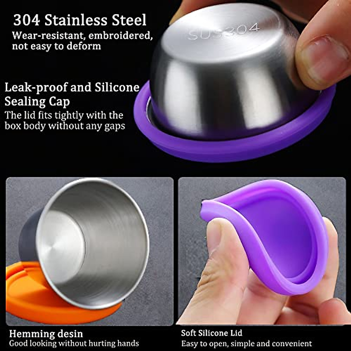 Rosyhome Salad Dressing Container Set, Reusable Stainless Steel Small Condiment Cup with Silicone Lids