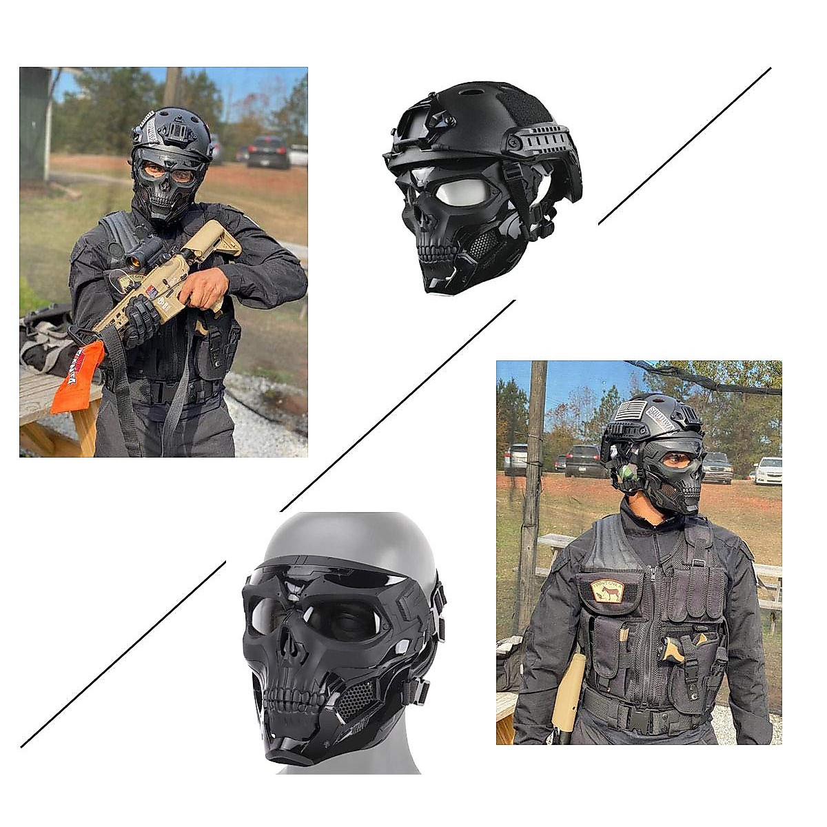 JFFCESTORE Tactical Mask and Fast Helmet,Protective Full Face Clear Goggle Skull mask Dual Mode Wearing Design, Adjustable Helmet Chin Strap Large Size for Adult (Mask+Helmet Black)