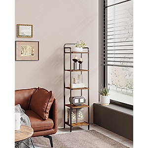 Hzuaneri Bookcase Bookshelf, Narrow Book Shelf, Industrial Corner Shelf Storage Organizer, Slim Shelving Unit for Home Office, Living Room, Bedroom, Kitchen, 5-Tier Rustic Brown and Black BC24501B