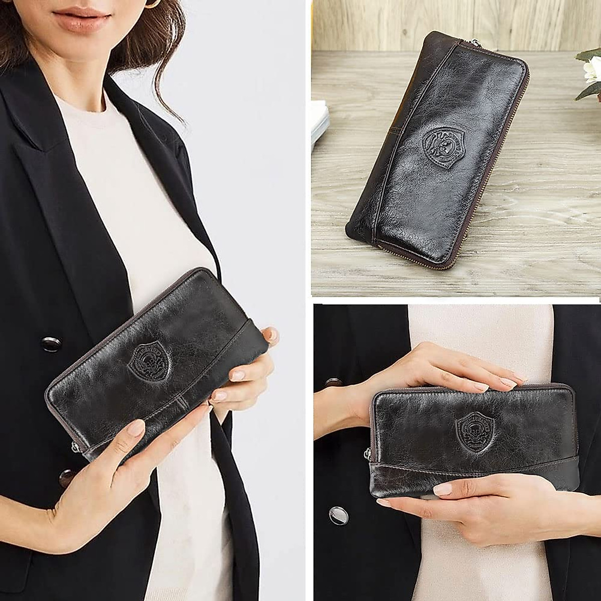 Contacts Skull Wallet for Women Leather Clutch Wallets Card Holder Phone Case RFID Wallet Zipper Gothic Purse