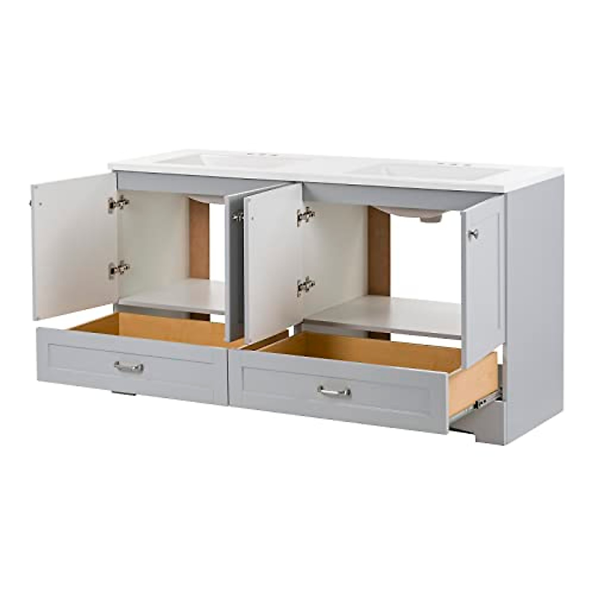 Spring Mill Emlyn Double Bathroom Vanity with 2 Cabinets, 2 Drawers, and White Sink Top, ‎18.75" D x 60.25" W x 32.89" H, Pearl Gray