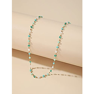 FUTIMELY Bohemia Green Beaded Beads Choker Necklace for Women,Simple Fresh Green Beaded Square Round Bead Choker Necklace Fashion Jewelry (Gold)