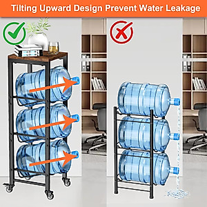 5 Gallon Water Bottle Jug Holder 3-Tier Water Bottle Holder Organizer with Lockable Casters Heavy Duty Water Storage Rack Water Dispenser Stand With Wood Top Shelf for Kitchen Office Garage Brown