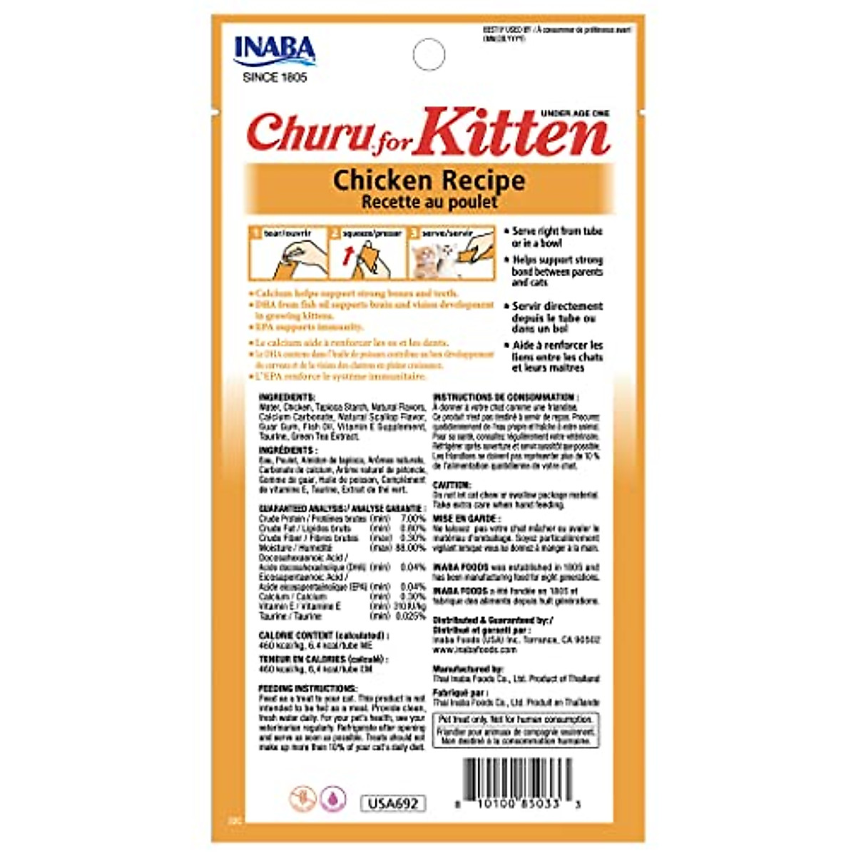 INABA Churu for Kittens, Grain-Free Creamy, Purée Lickable Cat Treats with DHA, EPA, Vitamin E & Taurine, 0.5 Ounces Each, 24 Tubes (4 per Pack), Chicken Recipe