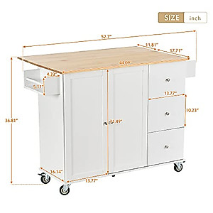Kitchen Island Carts on Wheels, Rolling Storage Cabinet Trolley 52.7" Foldable Drop-Leaf Breakfast Bar Spice Rack, Towel Rack & Drawer, Solid Wood Top Buffet Server Sideboard(White-B)
