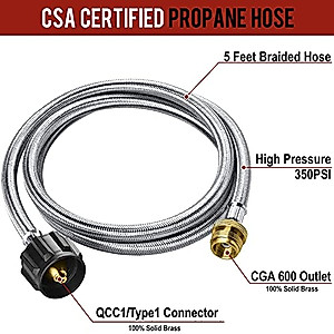 PatioGem Propane Hose, 5FT Propane Adapter 1lb to 20lb, Propane Adapter Hose, Propane Tank Adapter, fit for Weber/Coleman/Blackstone Grill, Buddy Heater, Smoker, Griddle, Camping Stove, Fire Pit