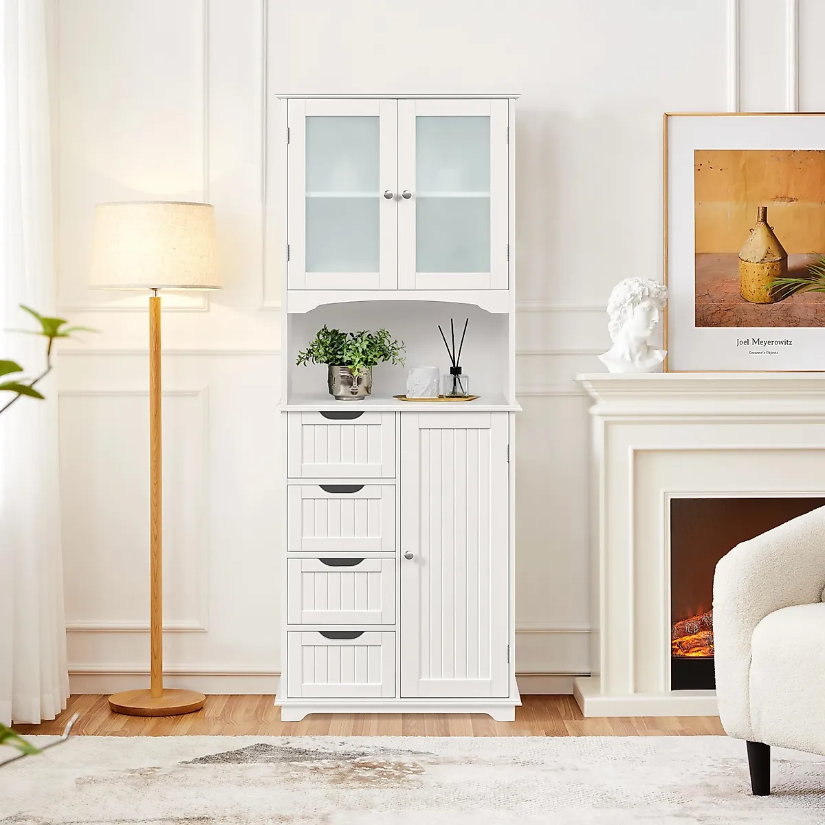 Topeakmart 65.5″ Tall Storage Cabinet Kitchen Cupboard with Glass Door Freestanding Floor Cabinet with Open Compartment, Drawer, Adjustable Shelf for Bathroom, Kitchen, Living Room