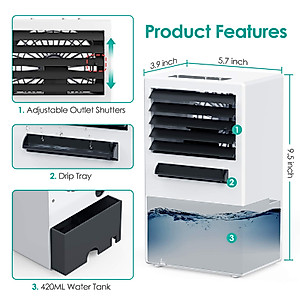 Portable Air Conditioner Fan, Personal Small Space Evaporative Air Cooler with 3 Speed Mode Fan Desktop AC, Ultra-Quiet Small Desk Table Fan with Humidification for Home Office Bedroom