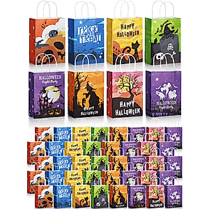 Qilery 48 Pieces Halloween Treat Bags with Handles Kraft Paper Halloween Candy Bags for Kid Goodie Snack Trick or Treating Party Bulk Supplies, 8 Patterns