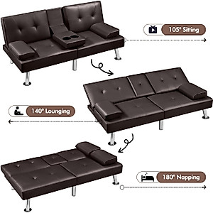 Yaheetech Convertible Sofa Adjustable Couch Sleeper Modern Faux Leather Home Reversible Loveseat, Removable Armrests, 3 Angles, 772lb Capacity, Espresso
