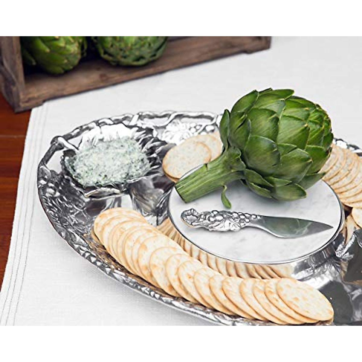 Arthur Court Designs Aluminum Grape 5-Piece Entertainment Cheese Chip and Dip Tray - Two Bowls, Spreader, Marble, Tray 20 inch x 13 inch