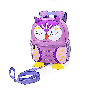 KK CRAFTS Preschool Toddler Backpack with Leash, 3D Cute Cartoon Neoprene Animal Schoolbag for Kids Boys Girls（Purple Owl）