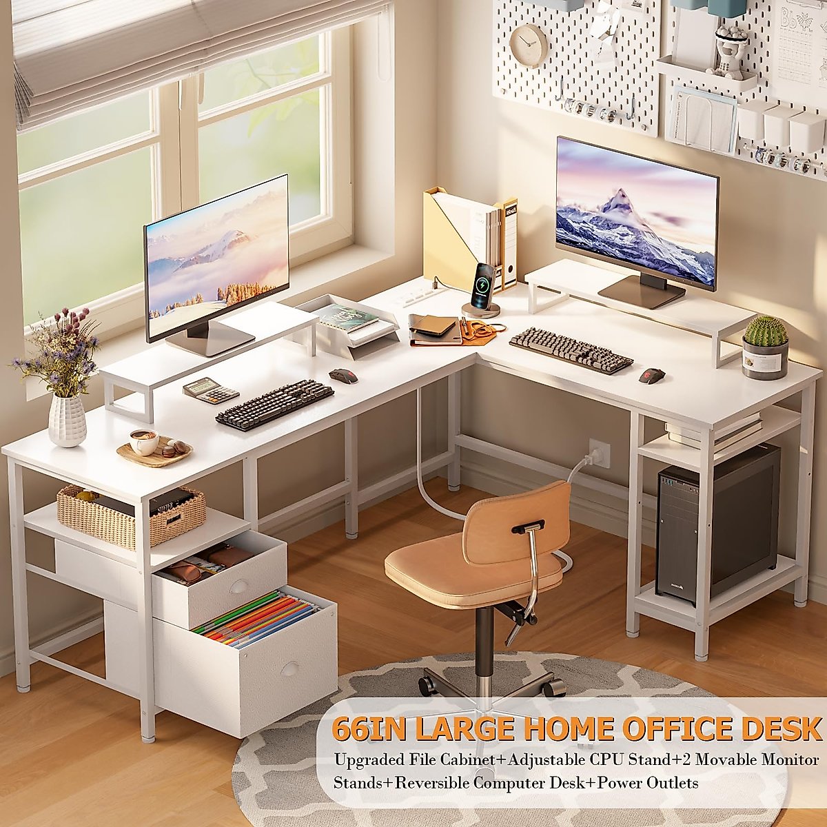 Furologee White 66” L Shaped Desk with Power Outlet, Reversible Computer Desk with File Drawer & 2 Monitor Stands, Home Office Desk with Storage Shelves, Corner Desk for Gaming Writing