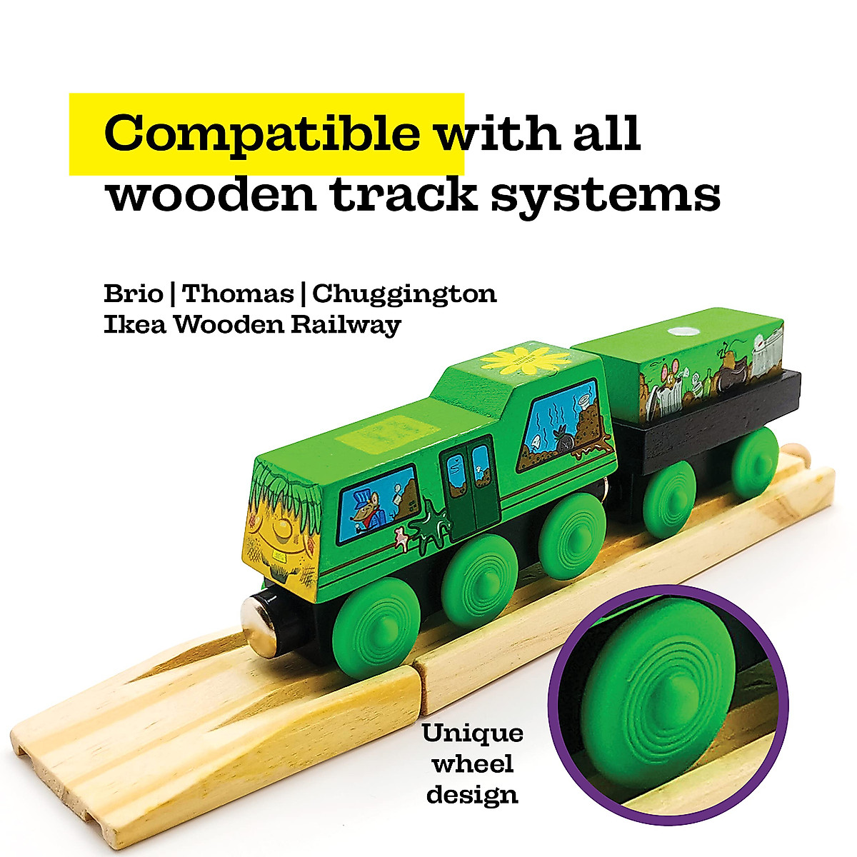 Wooden Garbage Truck Toy - Trashy Terry - Zany Trains Series 1 - Wooden Train Set with Cargo - Compatible with All Wooden Train Sets - Wooden Toddler Recycling Vehicle - Gross Trash Train