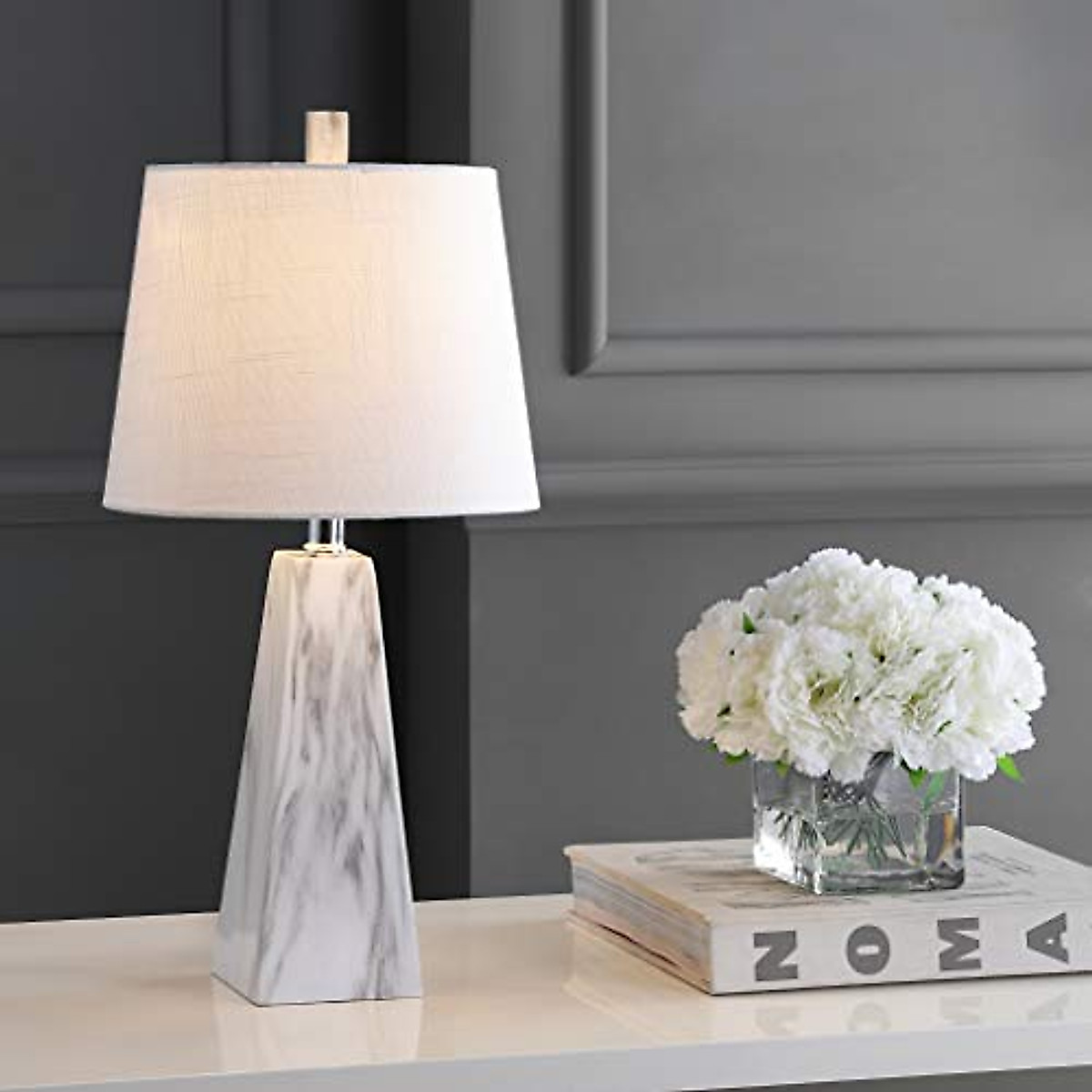 JONATHAN Y JYL1037A Owen 20.5" Resin LED Table Lamp, Contemporary, Modern, Elegant, Office, Living Room, Family Room, Dining Room, Bedroom, Hallway, Foyer, White Marble Finish