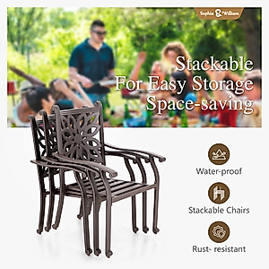 Sophia & William 7 Pieces Cast Aluminium Patio Dining Furniture Set for 6, Powder-Coating Outdoor Dining Chairs and Rectangular Table with 2.3" Umbrella Hole for Porch Backyard Deck, Bronze