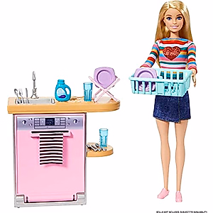 Barbie Furniture and Accessories, Doll House Decor Set with Dishwasher Theme, Kitchen Add-On with Counter Sink