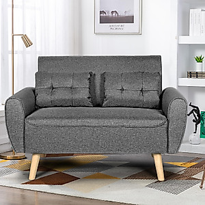 Oakmont 44" Small Modern Linen Fabric Loveseat Sofa, Comfortable and Stylish Love Seat with 2 Pillows and Thick Cushion, Durable Wood Leg Couch for Small Space, Living Room, Bedroom, Apartment (Grey)