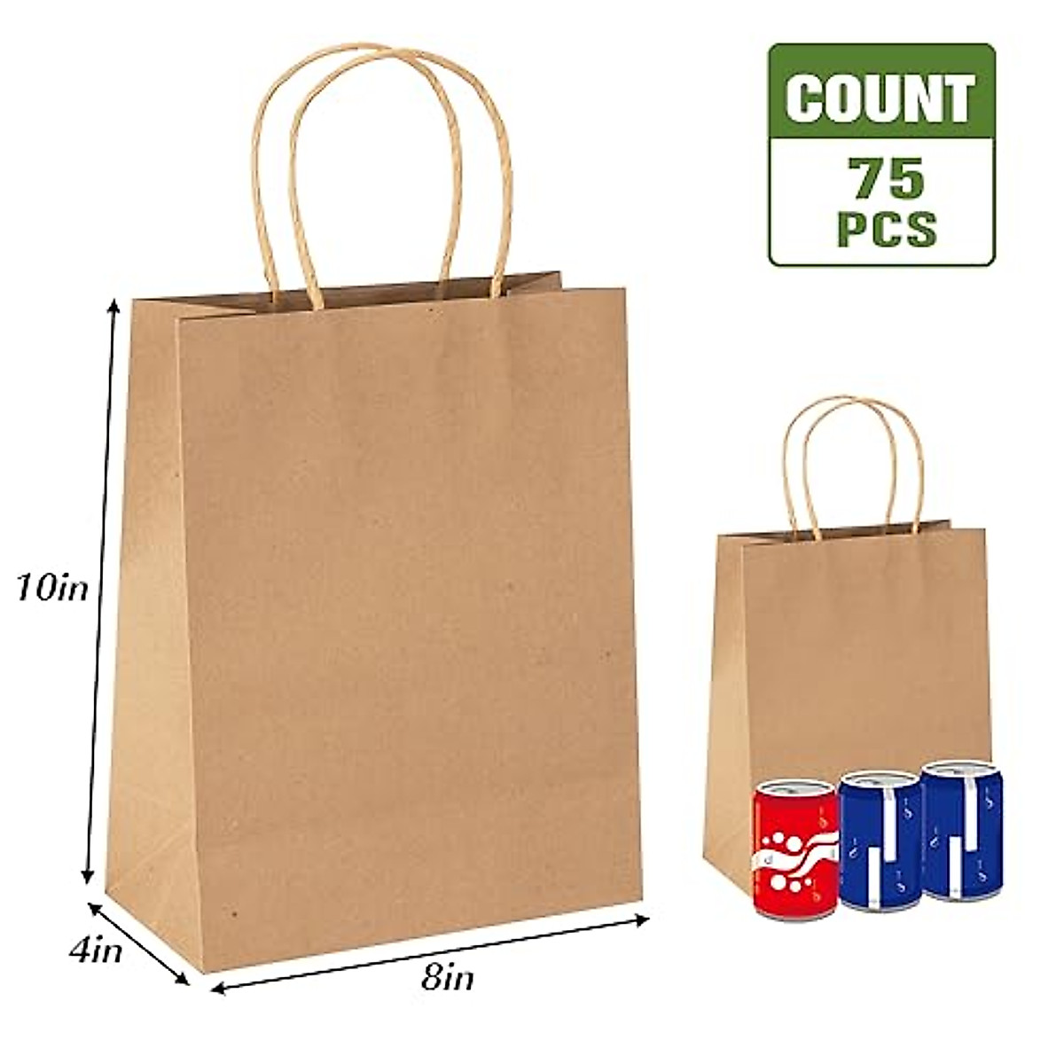 Moretoes 75pcs Paper Bags with Handles, 8x4x10 Inch Medium Sizes Gift Bags Bulk, Brown Paper Bags for Small Business, Shopping Bags, Retail Bags, Party Bags, Favor Bags