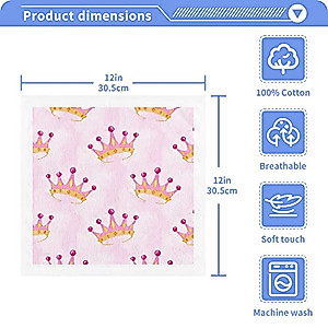 Soft Pink Watercolor Crown Washcloth 12x12in Set, 4 Pack Absorbent Cotton Towel Square Kitchen Dishes Towels, Cleaning Face Hand Towel Fast Drying