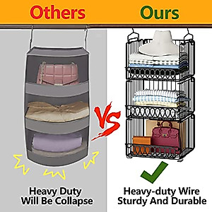 GILLAS 3 - Tier Closet Hanging Organizer, Clothes Hanging Shelves with Hooks, Stackable Storage Bins Foldable Closet Organizers for Clothing, Handbag, Toys, Black