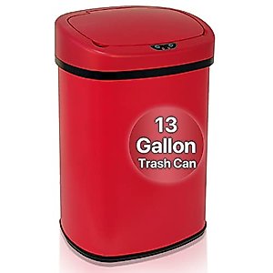 Dkelincs 13 Gallon Kitchen Trash Can Garbage Can with Lid Automatic Touch Free Stainless Steel Trash Can for Home Office Living Room Bedroom, 50 Liter (Red)