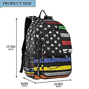 Glaphy American Flag Police Firefighter Backpack School Bag Lightweight Laptop Backpack Student Travel Daypack with Reflective Stripes