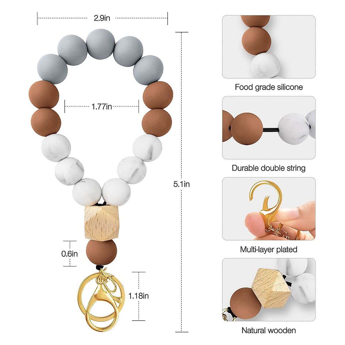 DGDFLDGC Wristlet Keychain with Wallet Elastic Silicone Beads Keychain Wristlet Wallet with Card Pocket Beaded Keychain Bracelet (Brown)
