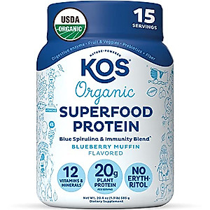 KOS Plant Based Protein Powder, No Erythritol, Blueberry Muffin - Organic Pea Protein Blend, Superfood with Spirulina & Immune Support Blend - Dairy Free, Meal Replacement for Women & Men, 15 Servings