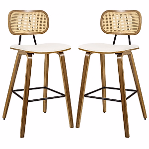 Counter Height Bar Stools Set of 2, Mid Century Modern Counter Stools, 26" Wood Kitchen Stool PU Leather Upholstered Barstool with Rattan Back, Counter Height Island Dining Bar Chair, Cream White