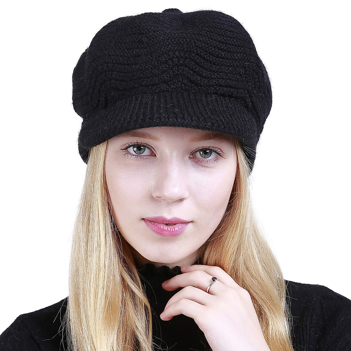 Muryobao Women's Winter Hat Slouchy Cable Knit Visor Beanie Crochet Newsboy Beret Hats Warm Snow Ski Skull Cap with Brim Black