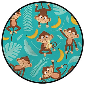 Cute Monkey Round Area Rug, Monkey Banana Non-Slip Circle Rug for Bedroom Living Room Outdoor Study Playing Floor Mat Carpet, 5.2' Diameter